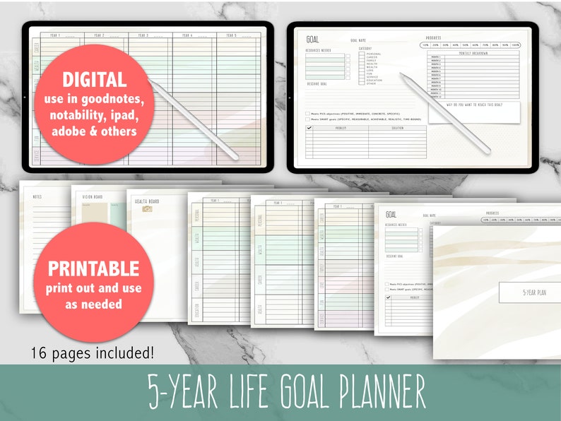 Life Goal Planner 5 Year Printable or Digital Goodnotes | Etsy