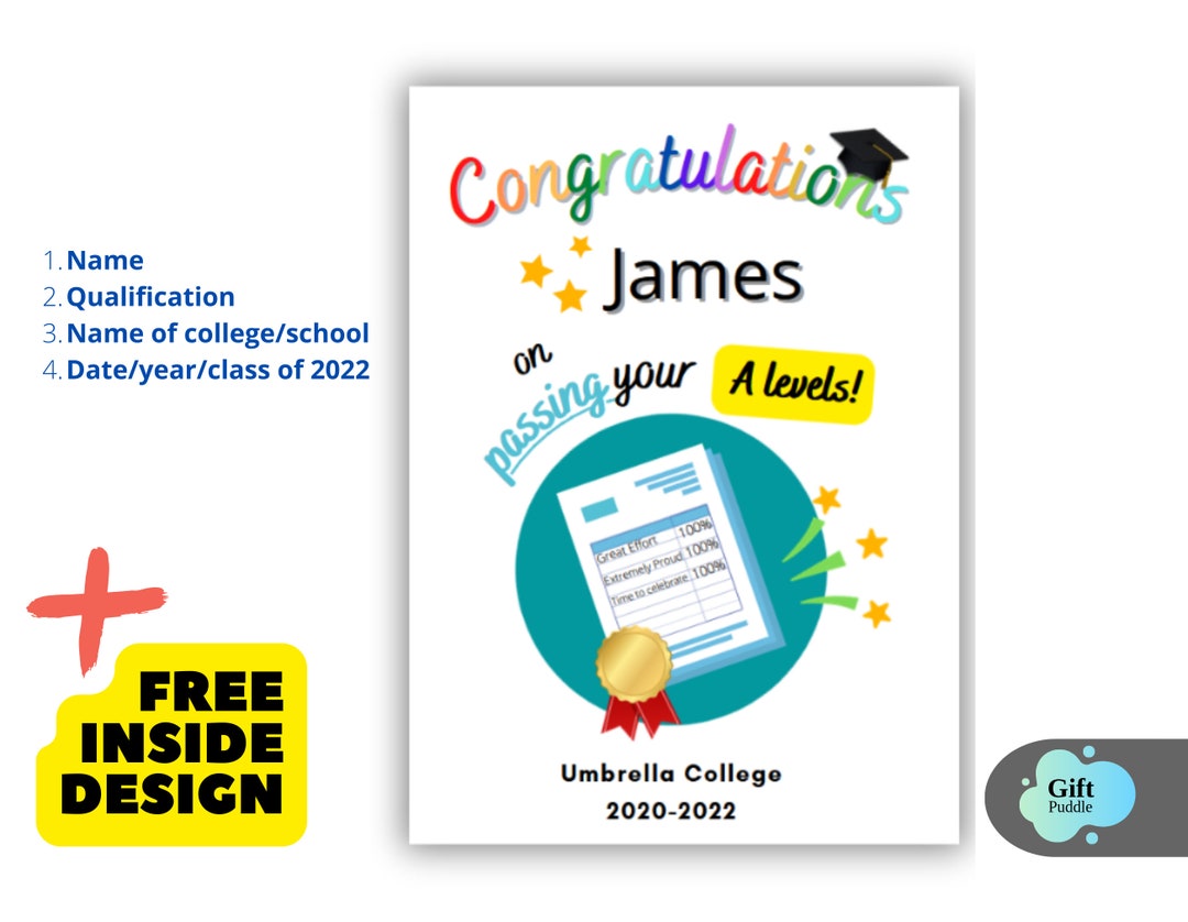 Passing Exams Card, FREE Inside Design Card for A Levels, Gcses, SATS ...