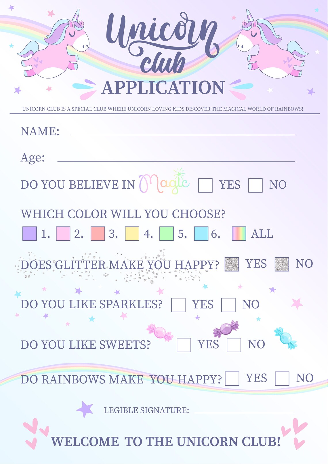 Unicorn Club Application, Instant Download Unicorn Rainbow Theme Party ...