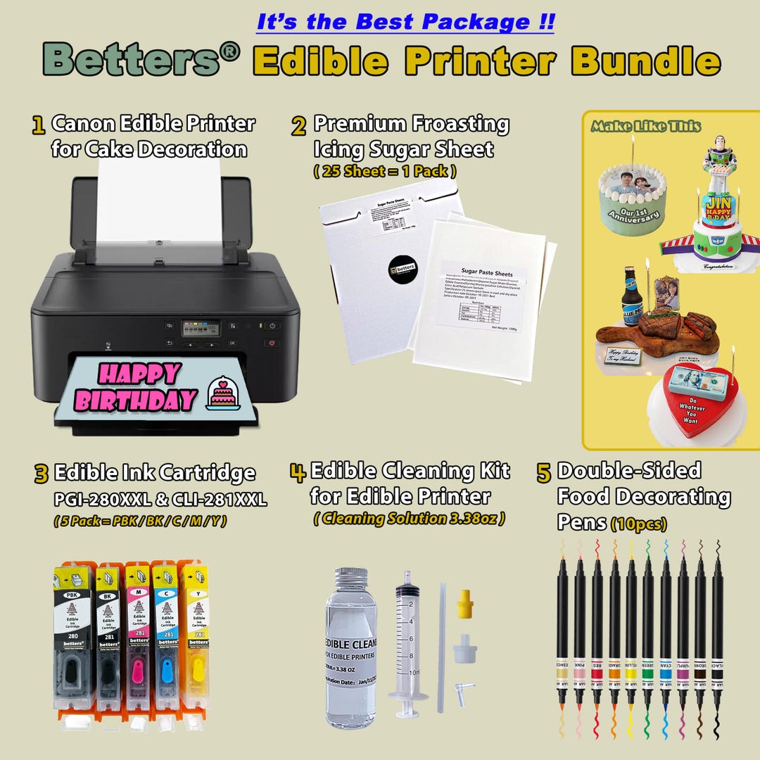 Betters® Edible Printer Bundle – Includes Edible Ink, 25 Sugar Frosting ...