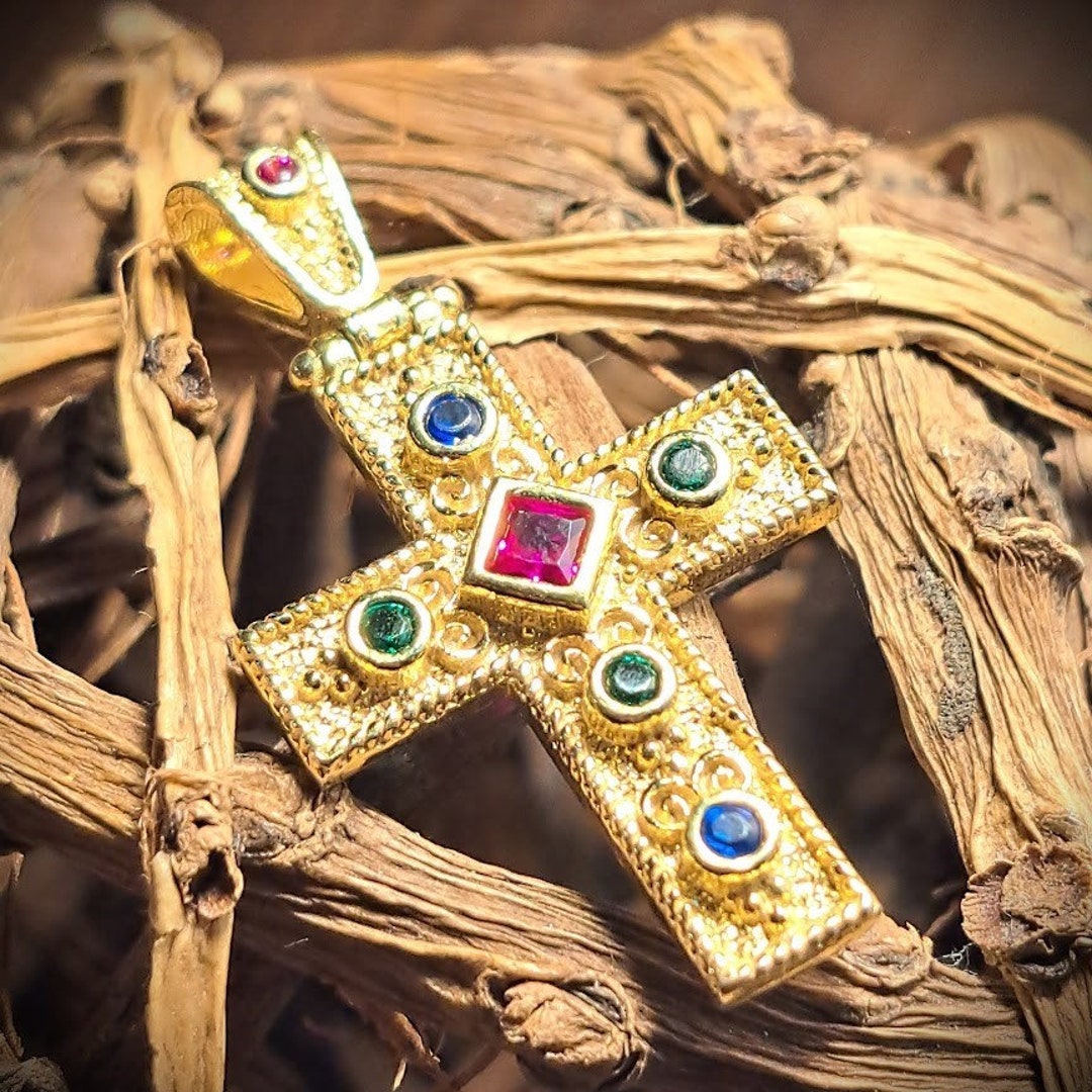 Handmade Gold Plated Byzantine Cross, Gemstone Sterling Silver Pendant ...