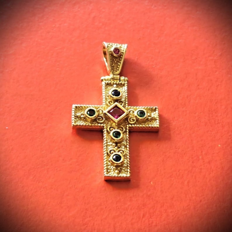 Handmade Gold Plated Byzantine Cross, Gemstone Sterling Silver Pendant ...