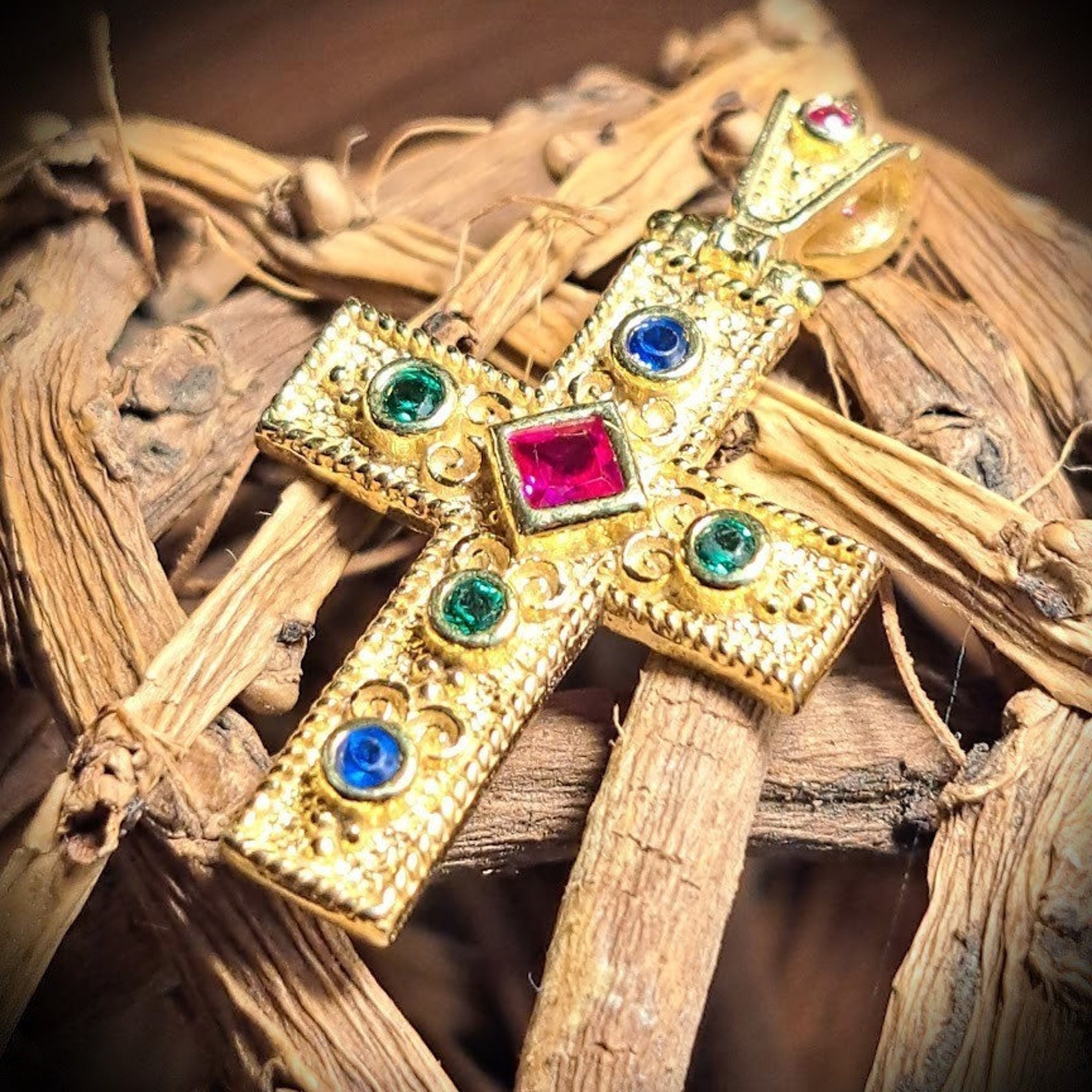 Handmade Gold Plated Byzantine Cross, Gemstone Sterling Silver Pendant ...