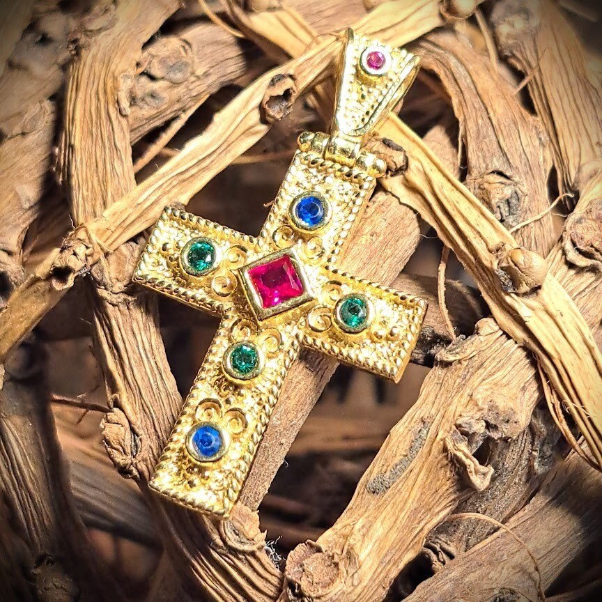 Handmade Gold Plated Byzantine Cross, Gemstone Sterling Silver Pendant ...