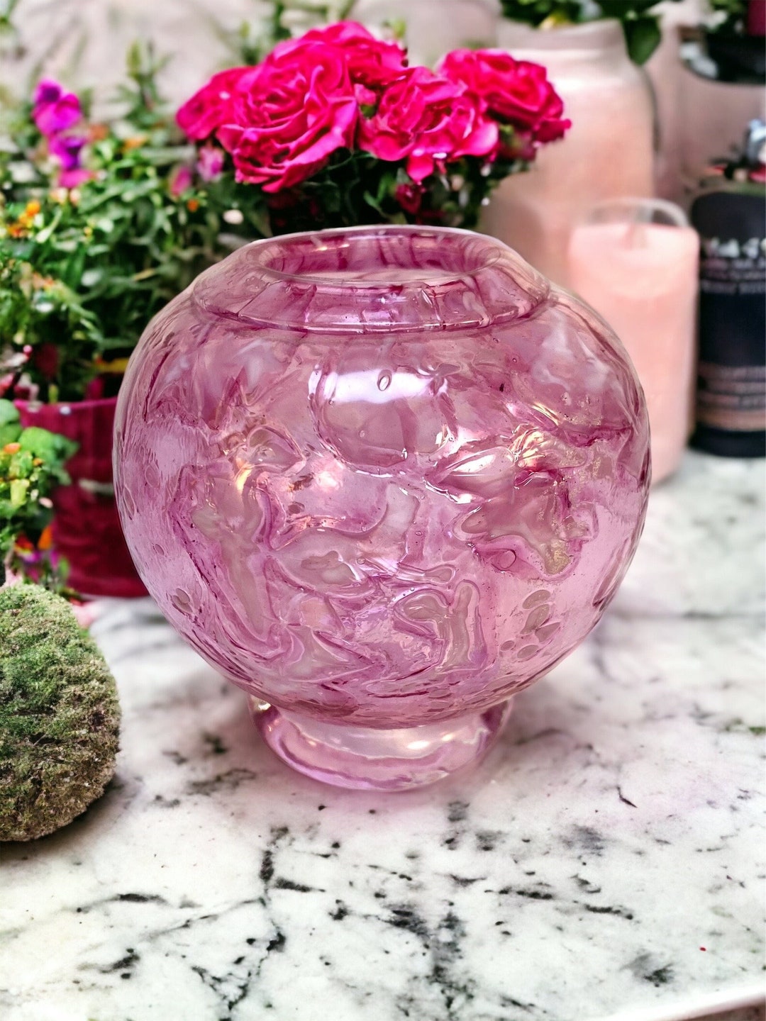Stunning Hand Blown Pink Miniature Art Glass Orb Vase. Rose Bowl Home ...