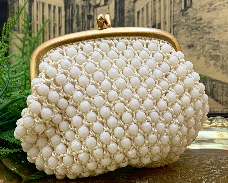 Vintage Crochet & Beaded Mini Wallet. Cream With Brass Snap Closure ...