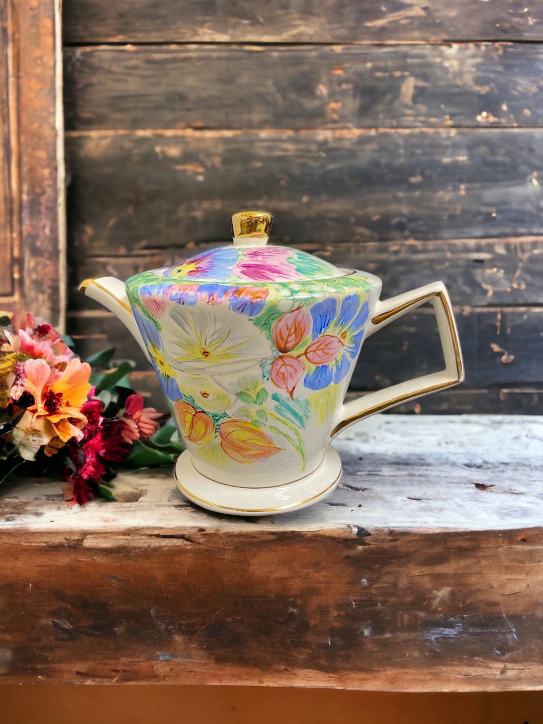 Vintage Tea Pot. Hand Painted in Abstract Floral and Gold Accents. Rare ...