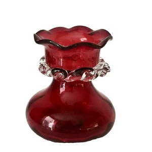 Vintage Ruby Red Hand-blown Vase, Ruffled Edge & Applied Clear ...