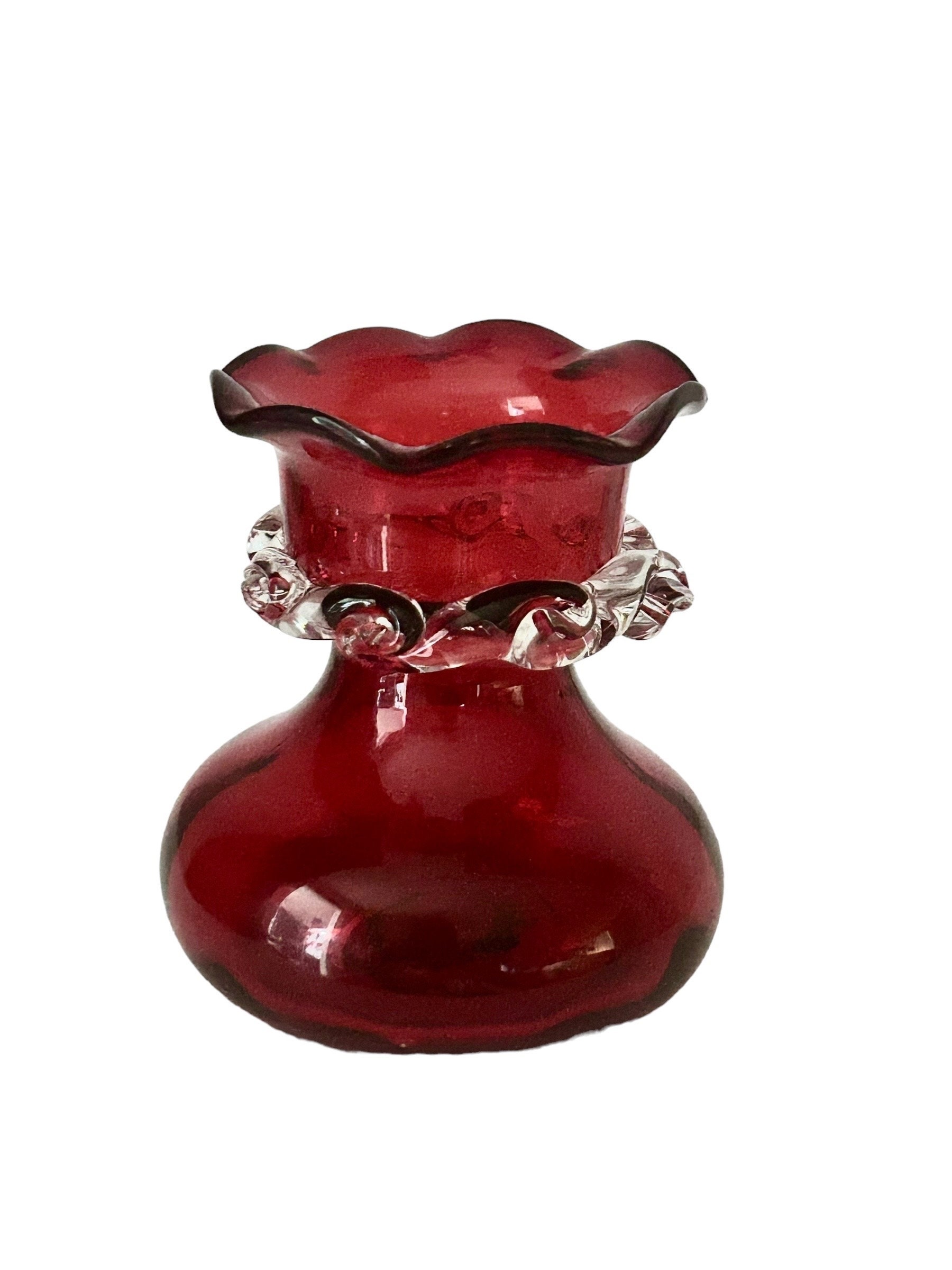 Vintage Ruby Red Hand-blown Vase, Ruffled Edge & Applied Clear ...