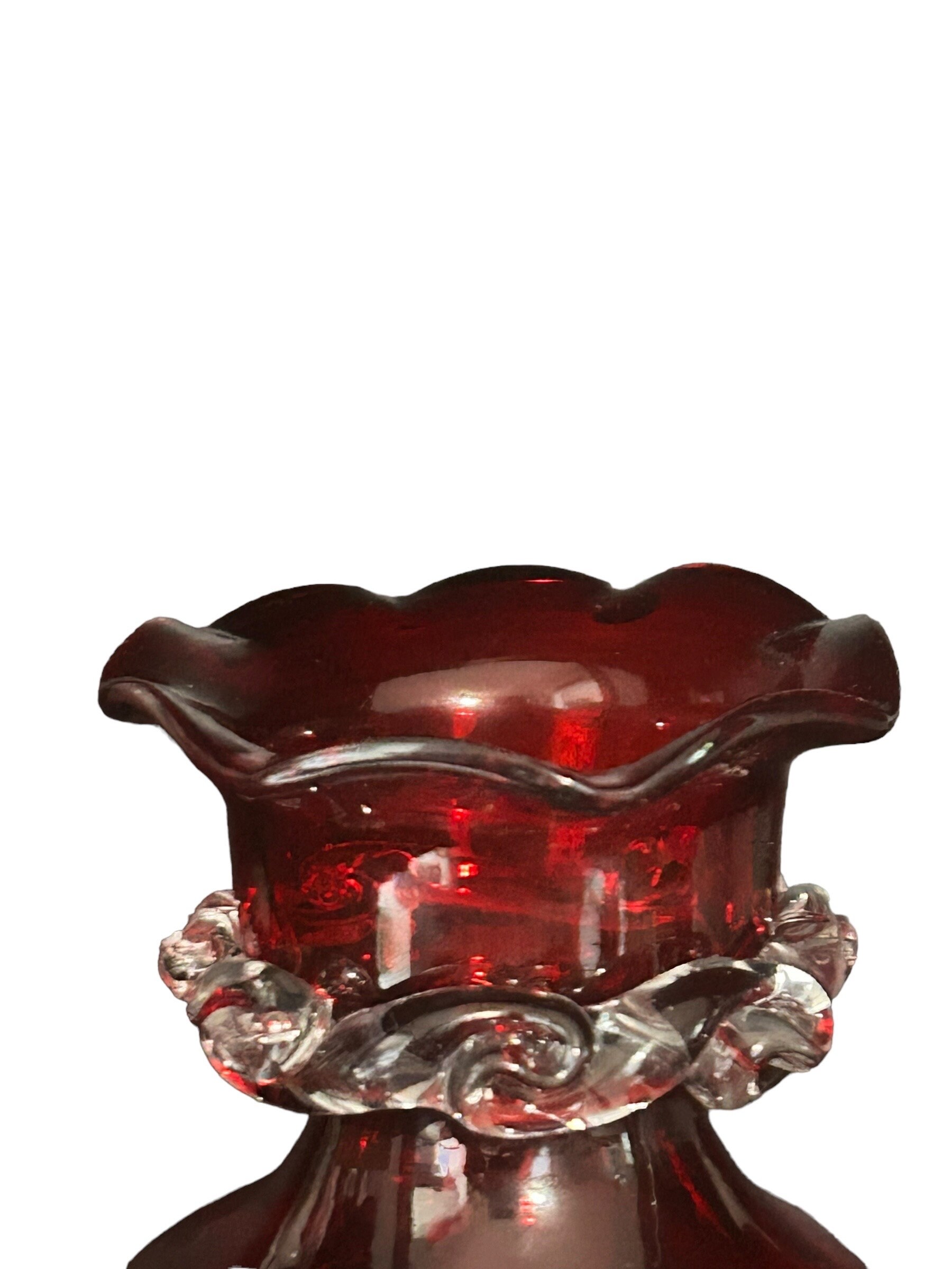 Vintage Ruby Red Hand-blown Vase, Ruffled Edge & Applied Clear ...