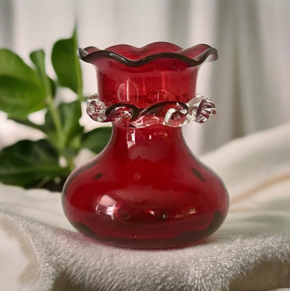 Vintage Ruby Red Hand-blown Vase, Ruffled Edge & Applied Clear ...
