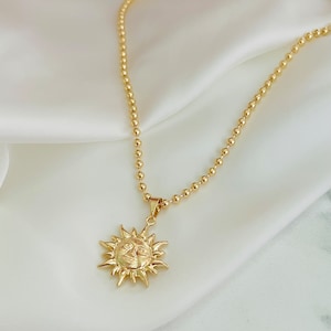 Sun Face Necklace, Gold Sun Charm Necklace, 18k Gold Filled Beaded ...