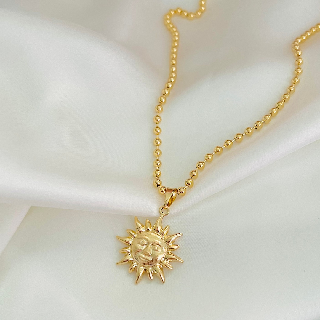 Sun Face Necklace, Gold Sun Charm Necklace, 18k Gold Filled Beaded ...