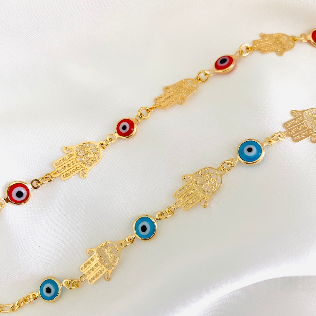 18k Gold Filled Evil Eyes Bracelet With Hamsa Hands, Red Evil Eye ...