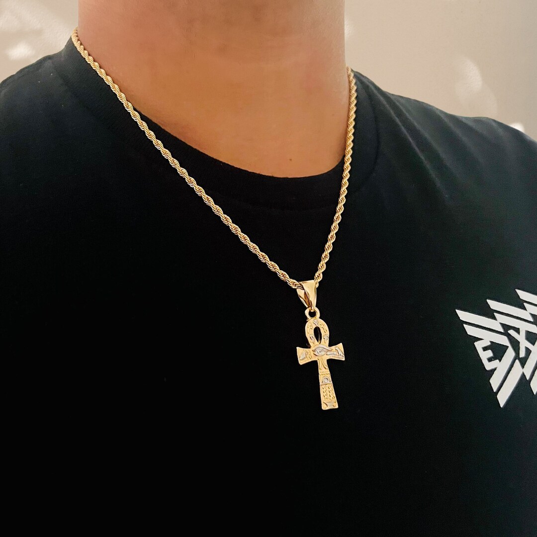 Gold Ankh Necklace, Men's Ankh Cross Chain, Key of Life Pendant, Gold ...