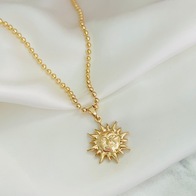 Sun Face Necklace, Gold Sun Charm Necklace, 18k Gold Filled Beaded ...