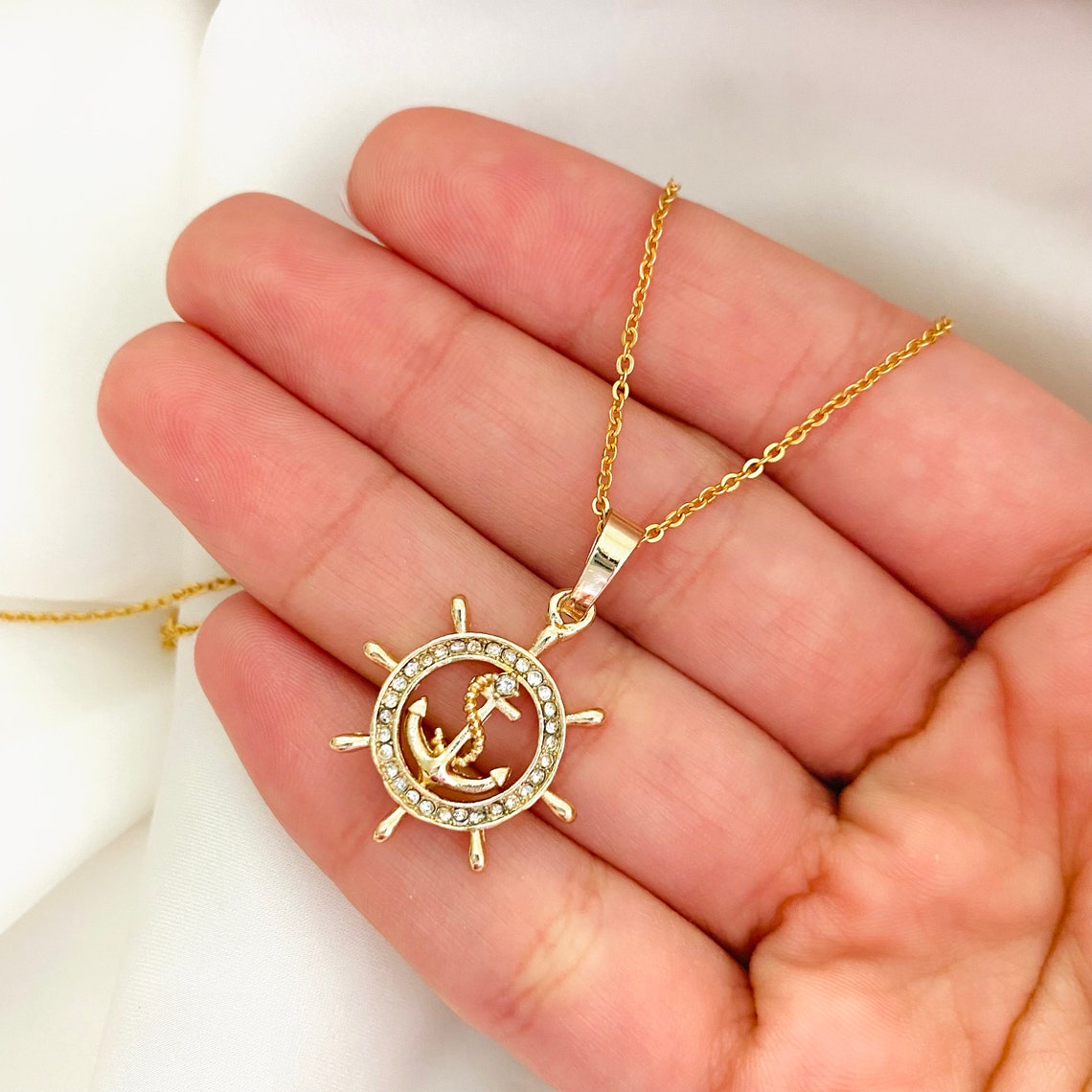 18k Gold Filled Boat Steering Wheel Necklace, Gold Anchor Necklace ...