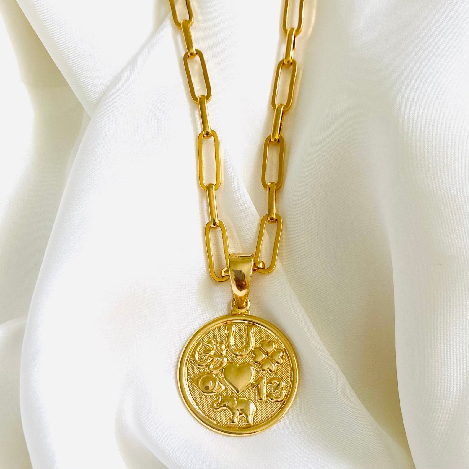 Lucky Charm Coin Necklace, Talisman Charm Necklace, 18k Gold Filled ...
