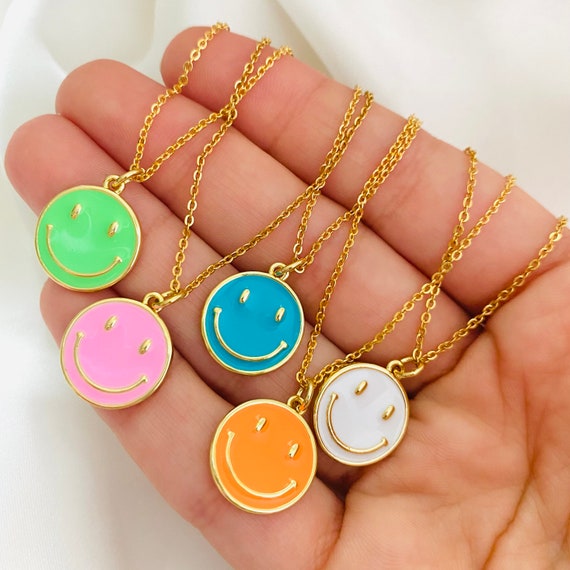 Enamel Emoji Face Necklace Gold Happy Face Necklace Neon Color Enamel Charm Necklace Smiley Face Necklace Gold Coin Necklace
