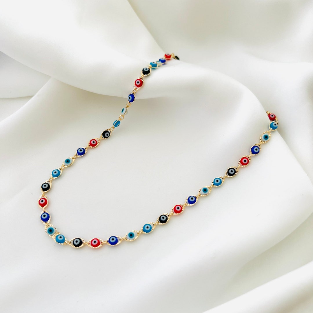 18k Gold Filled Multicolor Evil Eye Chain Choker, Evil Eye Choker ...