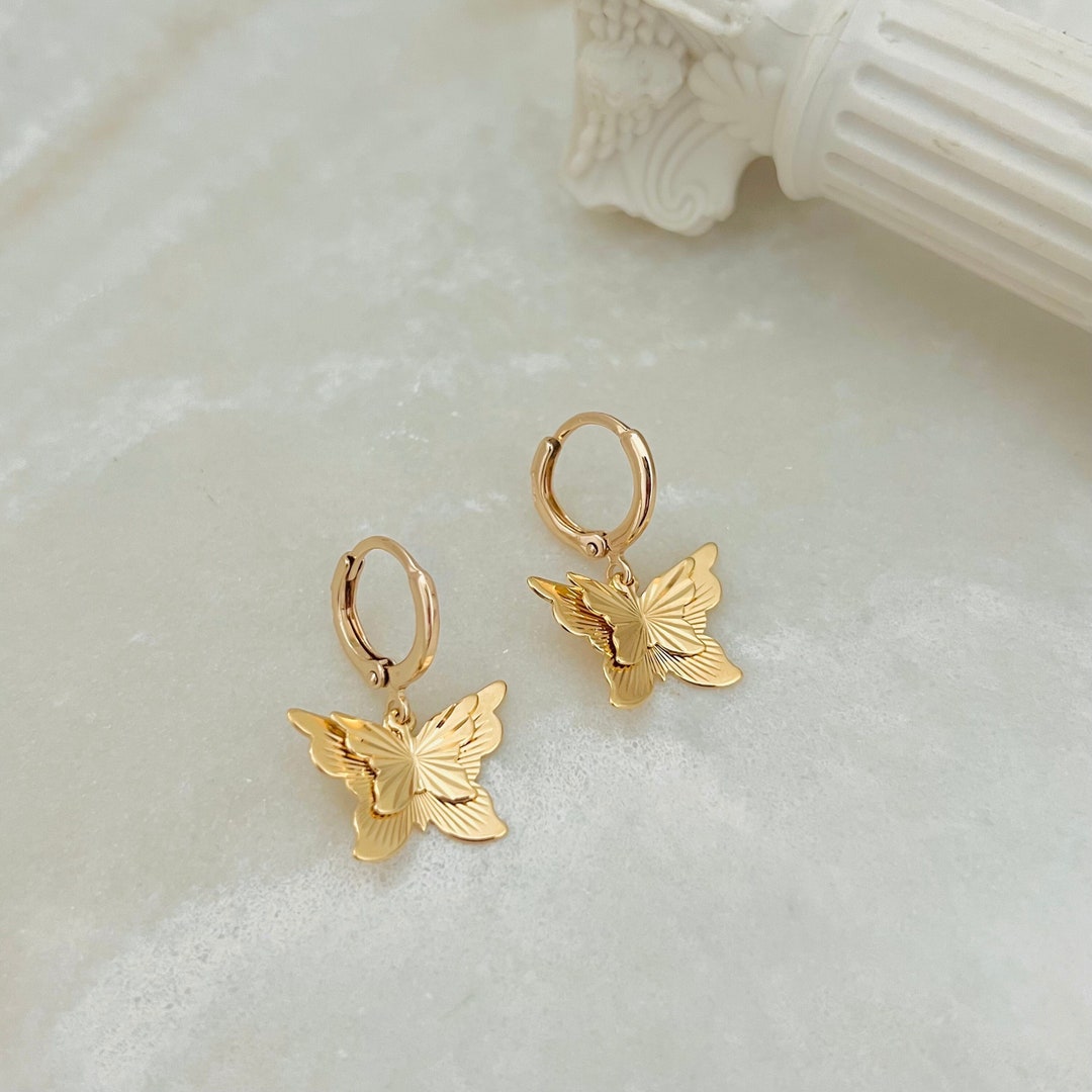 Gold Butterfly Hoops, Butterfly Earrings, Gold Filled Butterfly Mini Hoops, Butterfly Dangle ...