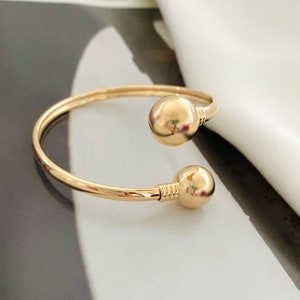 Double Ball Bracelet, Ball End Bangle, 18k Gold Filled Open Cuff Bangle ...