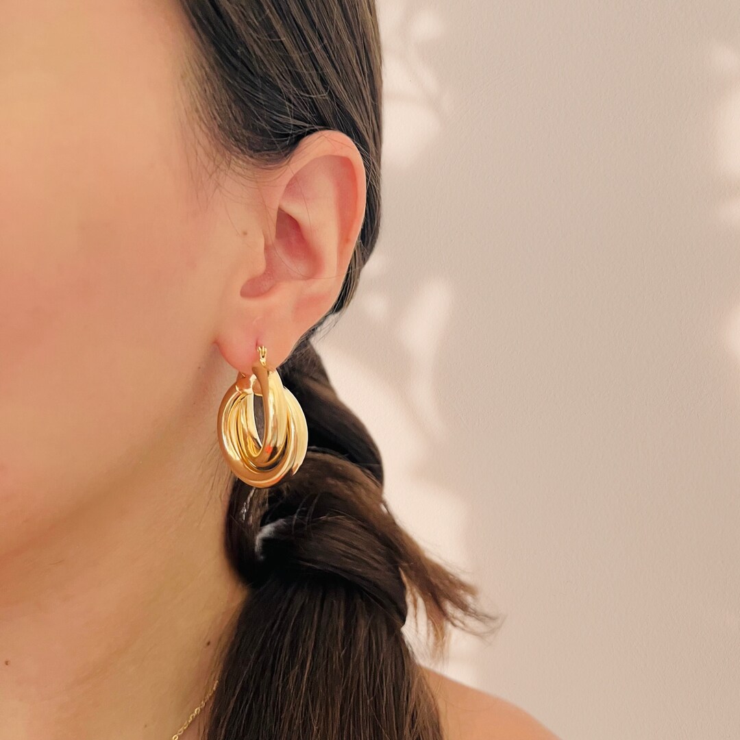 Double Gold Hoop Earrings, Chunky Gold Hoops, Gold Filled Hoop Earrings ...