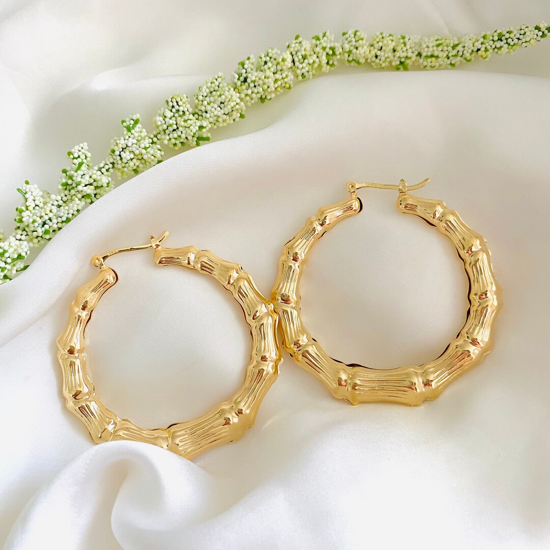 Large Bamboo Hoops, 18k Gold Filled Hoop Earrings, Chunky Hoops, Gold ...