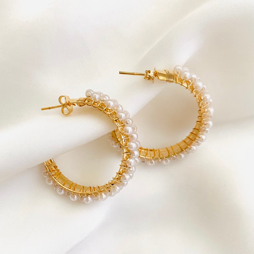 Braided Pearl Hoops, Thick Gold Hoops, 18k Gold Filled Beaded Hoop ...