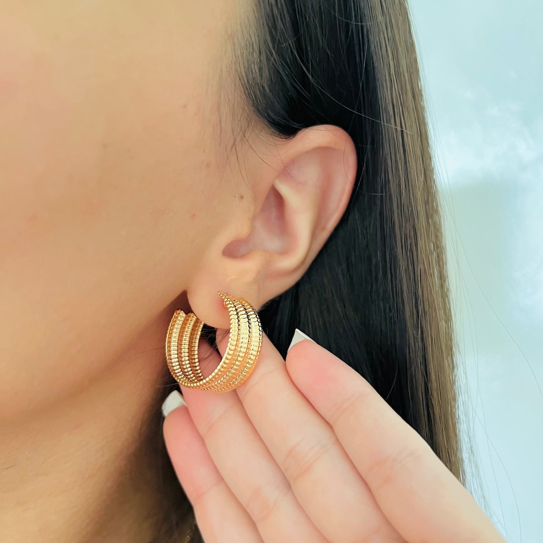 Gold Triple Hoop Earrings, Chunky Gold Hoops, Triple Band Hoop Earrings, Gold Filled Hoop ...
