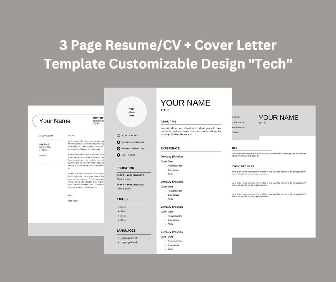3-page Resume CV and Cover Letter Template Customizable Design "tech ...