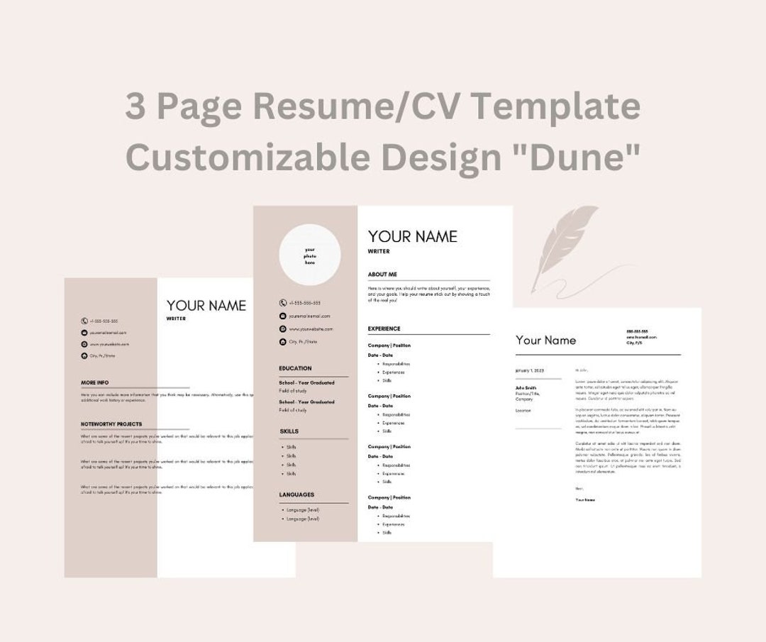 3-page Resume CV Template Customizable Design "dune" - Etsy