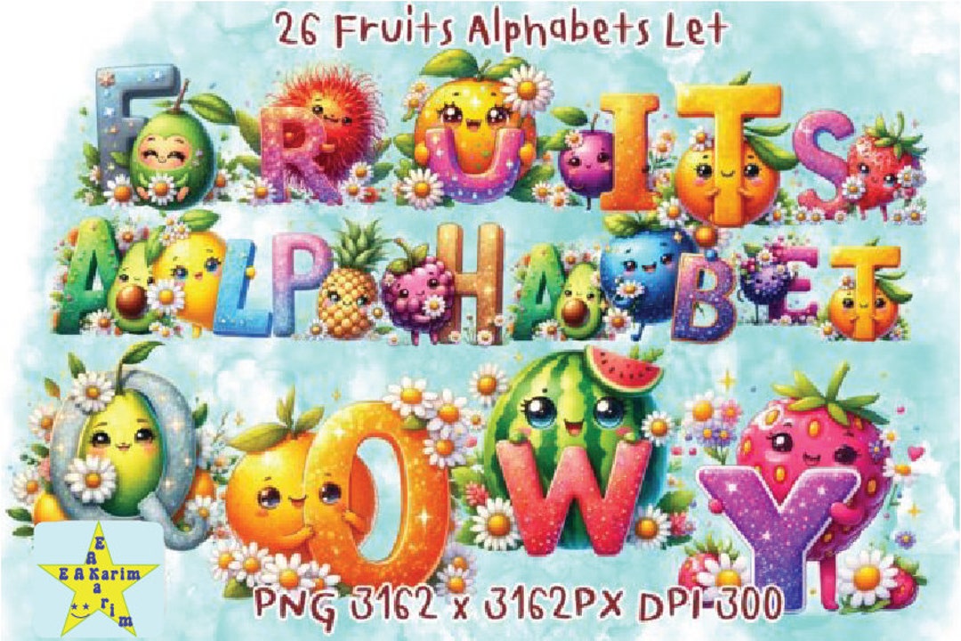 FRUIT ALPHABET Clipart, Printable for Tshirt | Set of Poster and 26 ...