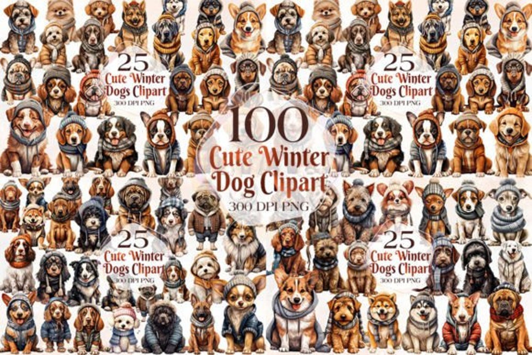 Christmas Dogs Watercolor Clipart Bundle - 100 PNG Festive Dog Images ...