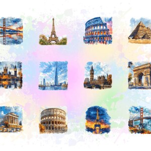 Landmarks Watercolor Travel Stickers, 25 PNG Files. Travel, World, City ...