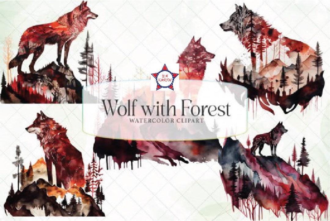 Wolf in Forest, Clipart Bundle, Digital Image Downloads for Card Making ...