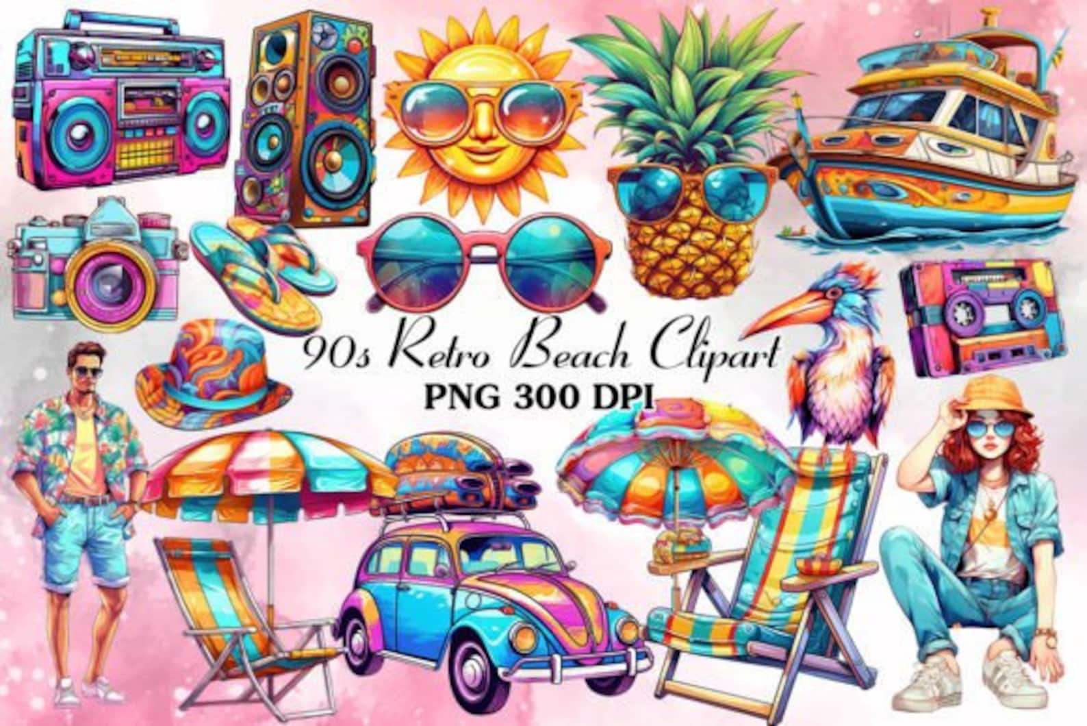 Retro Beach Watercolor, Beach Clipart, Watercolor Beach Scenes, Digital ...