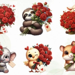 Animals Loving Clipart, Watercolor Valentines Day Clipart, Animals With ...
