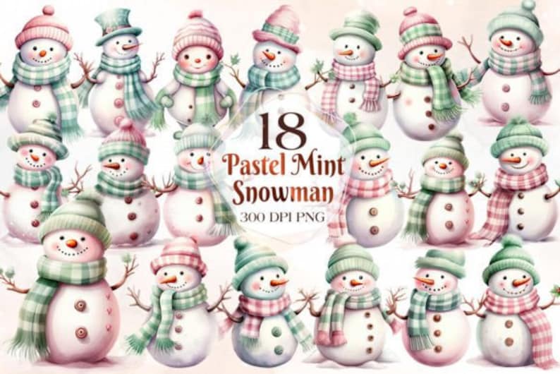 145 Watercolor Cute Christmas Snowman, Clipart PNG Bundle, Winter ...