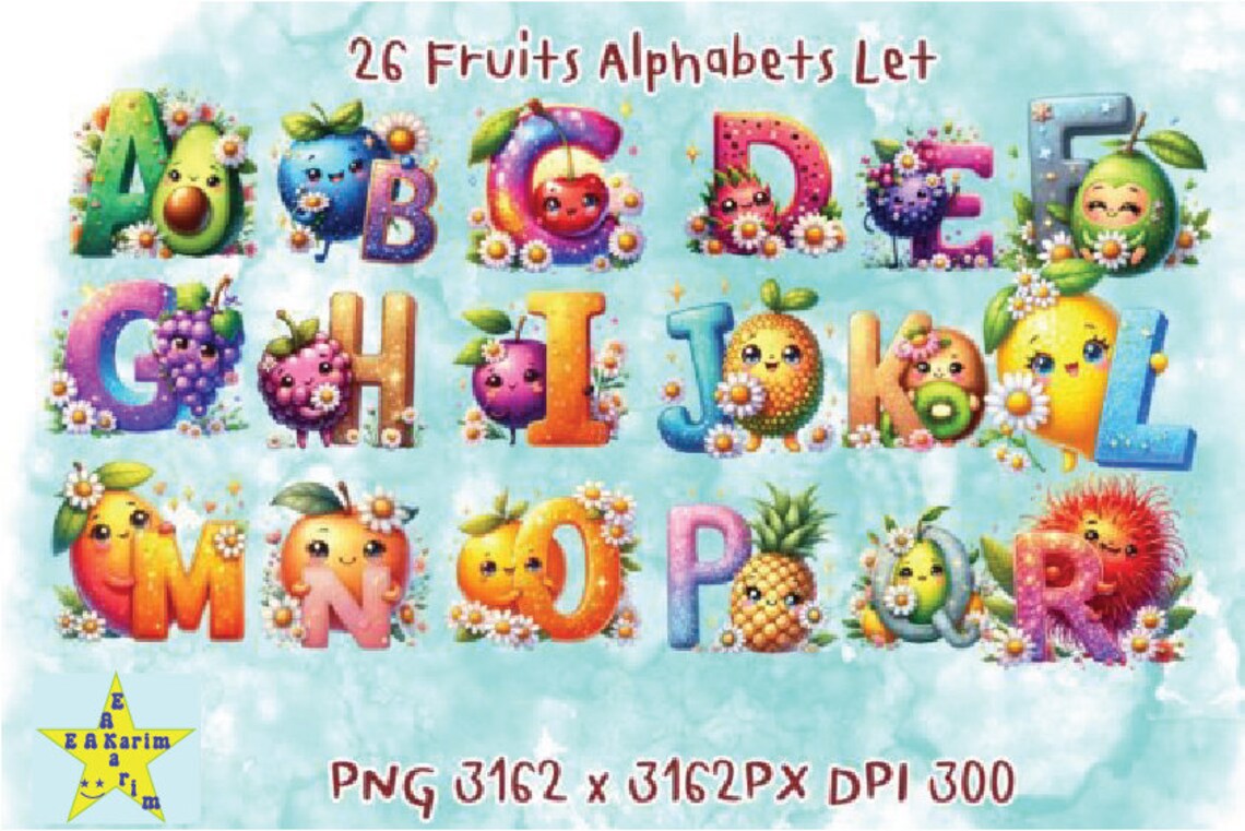 FRUIT ALPHABET Clipart, Printable for Tshirt | Set of Poster and 26 ...