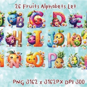 FRUIT ALPHABET Clipart, Printable for Tshirt | Set of Poster and 26 ...