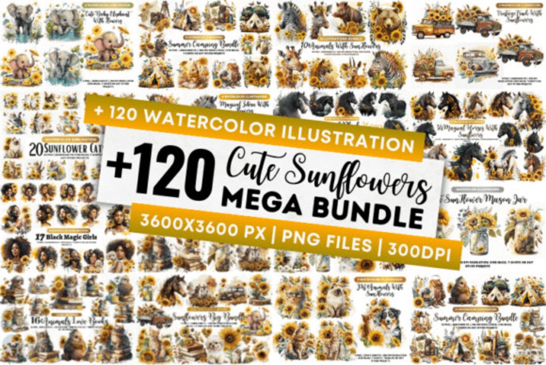 Sunflowers Watercolor Clipart Bundle - + 120 PNG Images of Bright ...