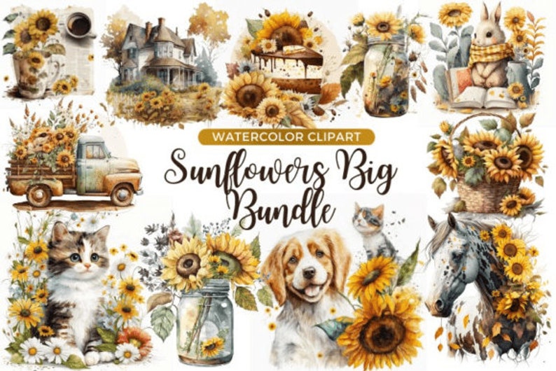 Sunflowers Watercolor Clipart Bundle - + 120 PNG Images of Bright ...