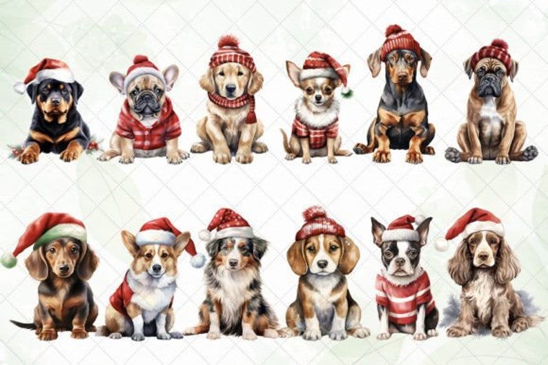 Watercolor Christmas Dogs Clipart, Santa Hat, Watercolor Christmas ...