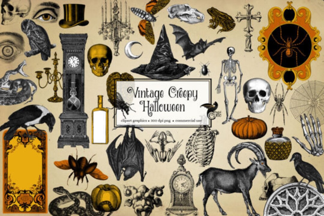 Vintage Halloween Clip Art, Creepy Snake, Frog, Skull, Creepy Fly ...