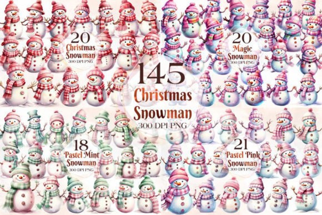 145 Watercolor Cute Christmas Snowman, Clipart PNG Bundle, Winter ...