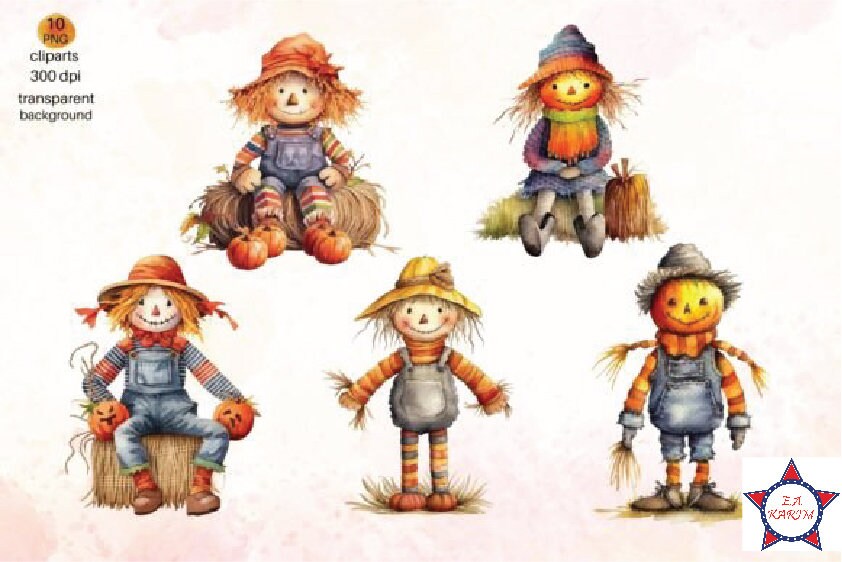 Watercolor Scarecrows Clipart Bundle - PNG Format With Transparent ...