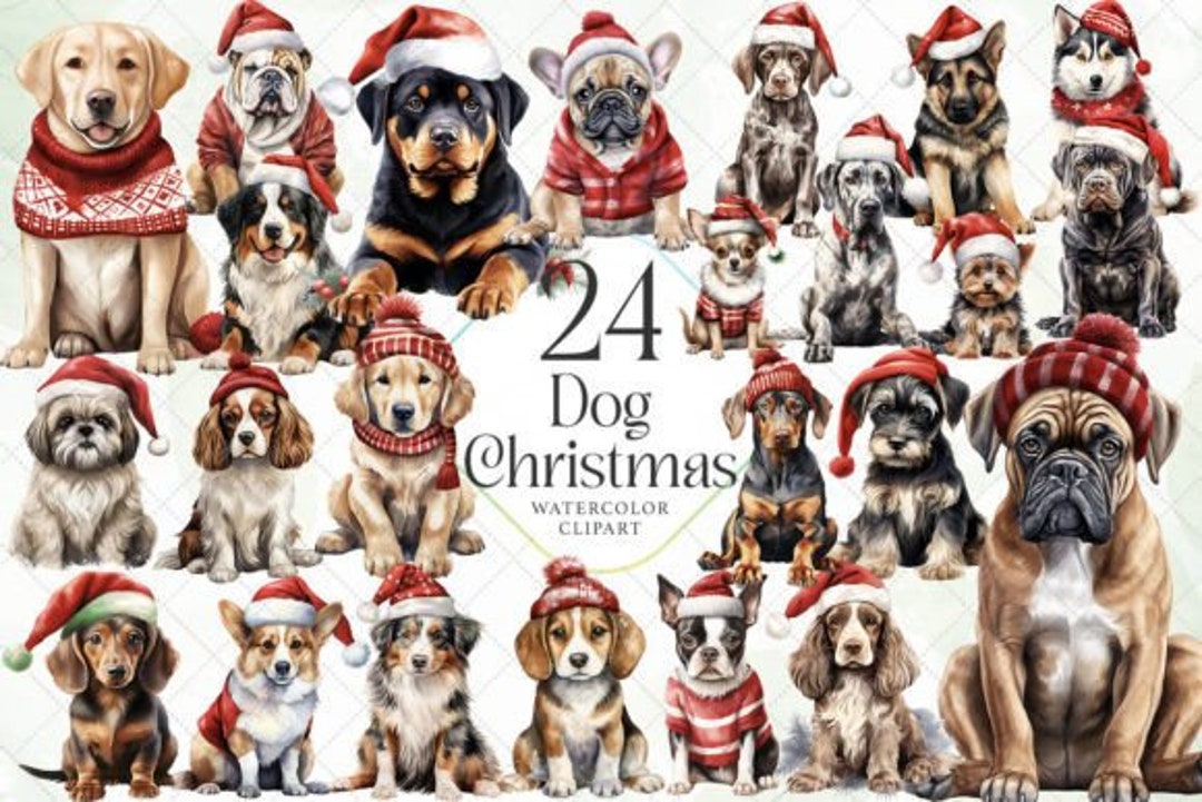 Watercolor Christmas Dogs Clipart, Santa Hat, Watercolor Christmas ...