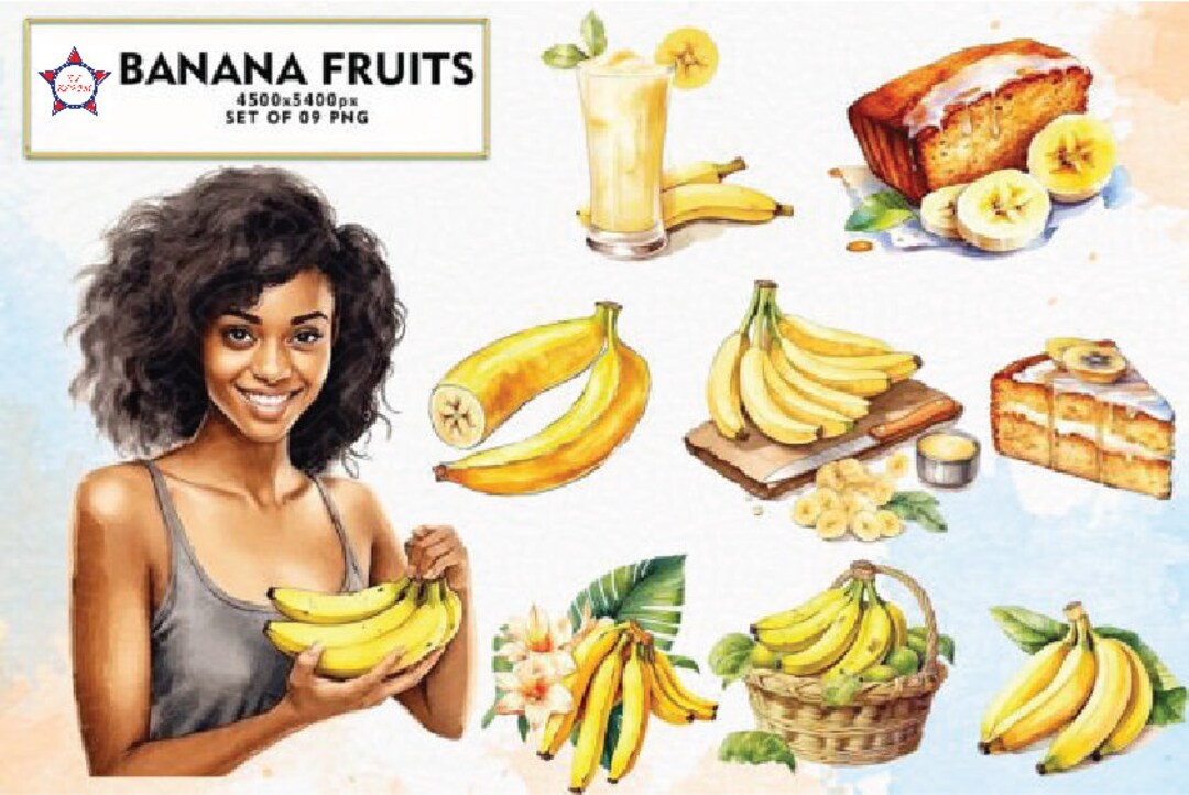 Watercolor Banana Clipart - PNG Clip Art Bundle - Watercolor ...