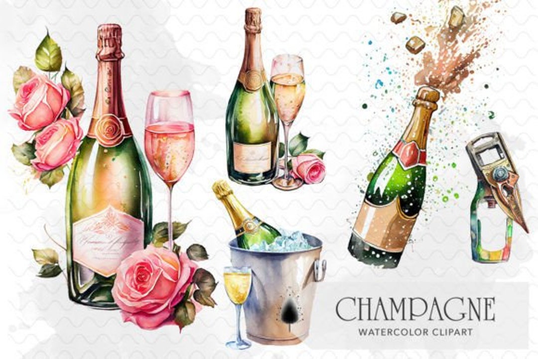 Watercolor Festive Champagne With Flowers and Glass PNG Clipart ...